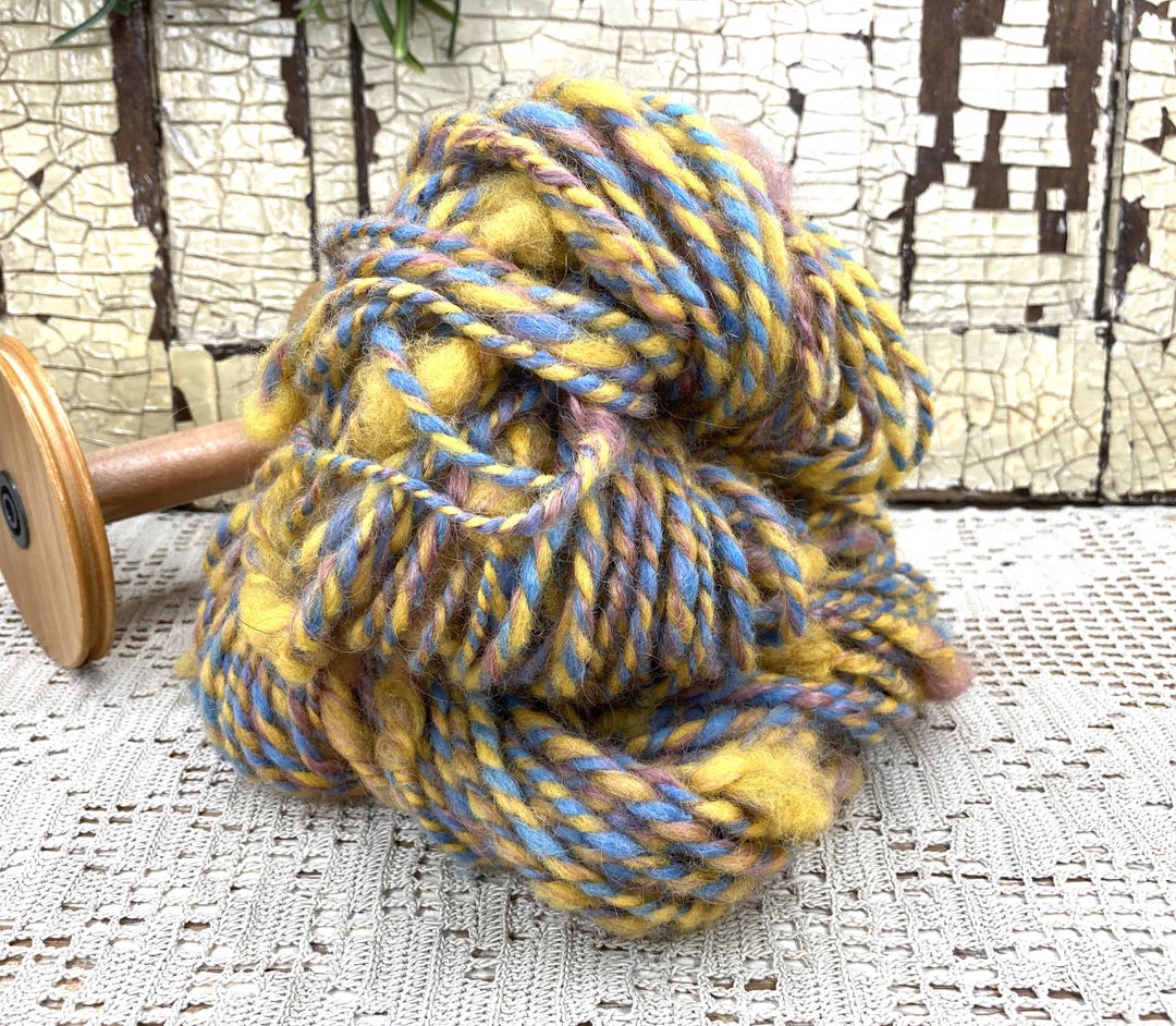 Hand Spun Art Yarn, Bulky Wool Mohair, Sky Blue Sunset Hues, (2 Yard ...