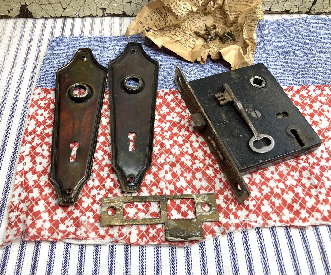 Antique Lock Skeleton Key Set, Cast Iron Lock, Brass Escutcheon Plates ...