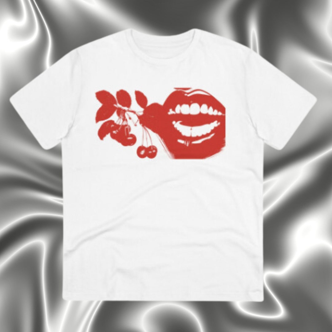 Y2K Style Red Cherry & Teeth Tee - Retro Grunge Print, Oversized Look ...