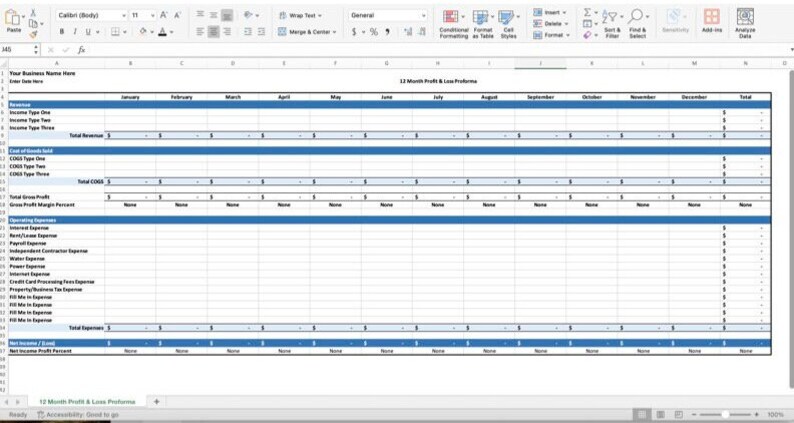 Basic Proforma - 12month Excel Spreadsheet - Etsy