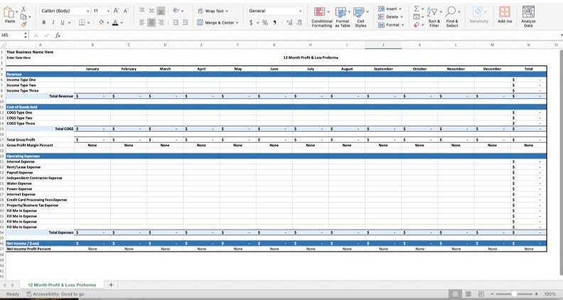 Basic Proforma - 12month Excel Spreadsheet - Etsy