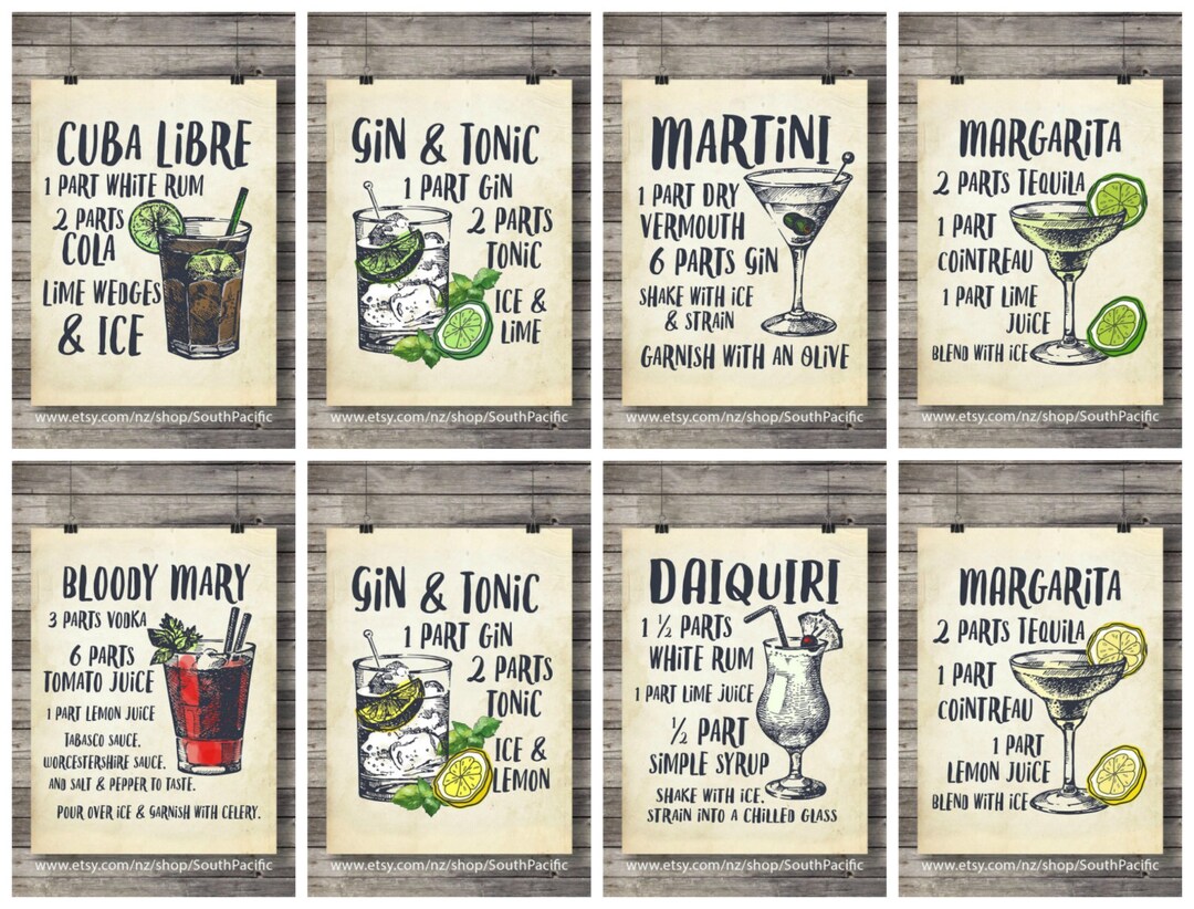 Cocktails Art Prints Set of Six Printable Cocktail Illustrations Bar ...
