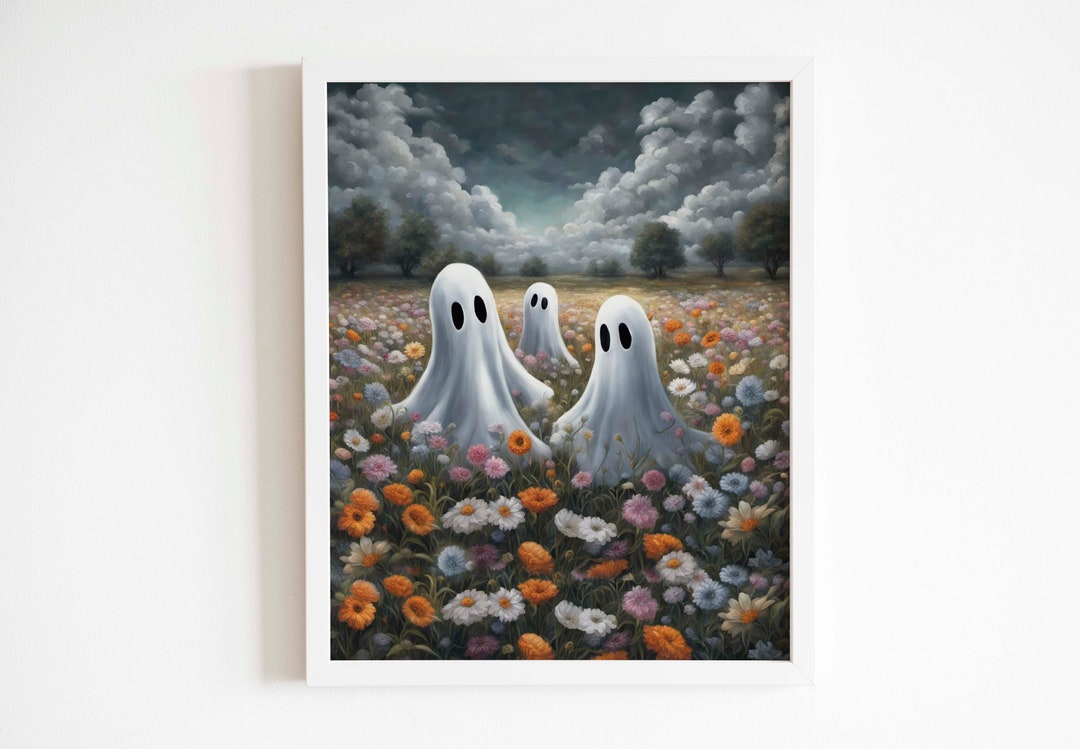 Cute Ghosts in a Field of Flowers | Printable Wall Art | Spooky Art ...