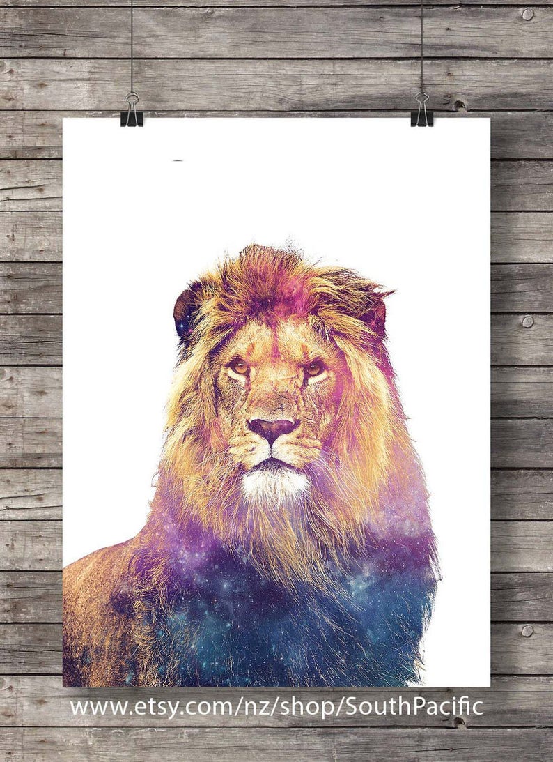 Lion Art Print Printable Wall Art Cosmic Rainbow Lion Art | Etsy
