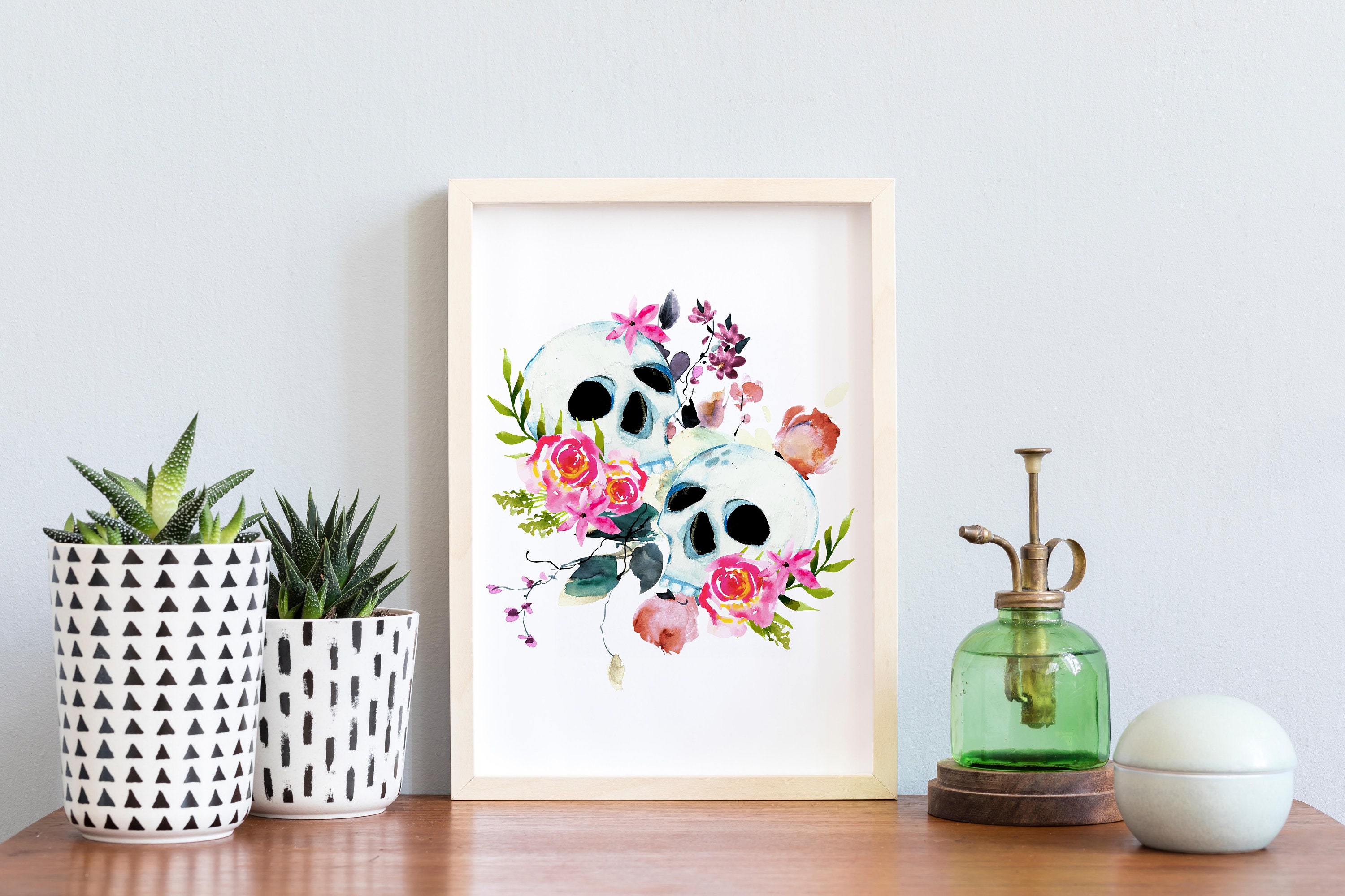 Watercolor Skull With Flowers | Subtle Halloween Art | Living Room Art ...