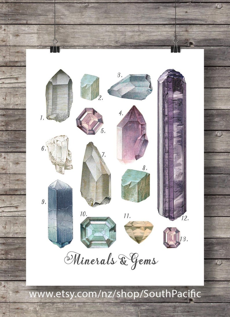 Gemstones Chart Watercolor Minerals Art Print Crystal | Etsy