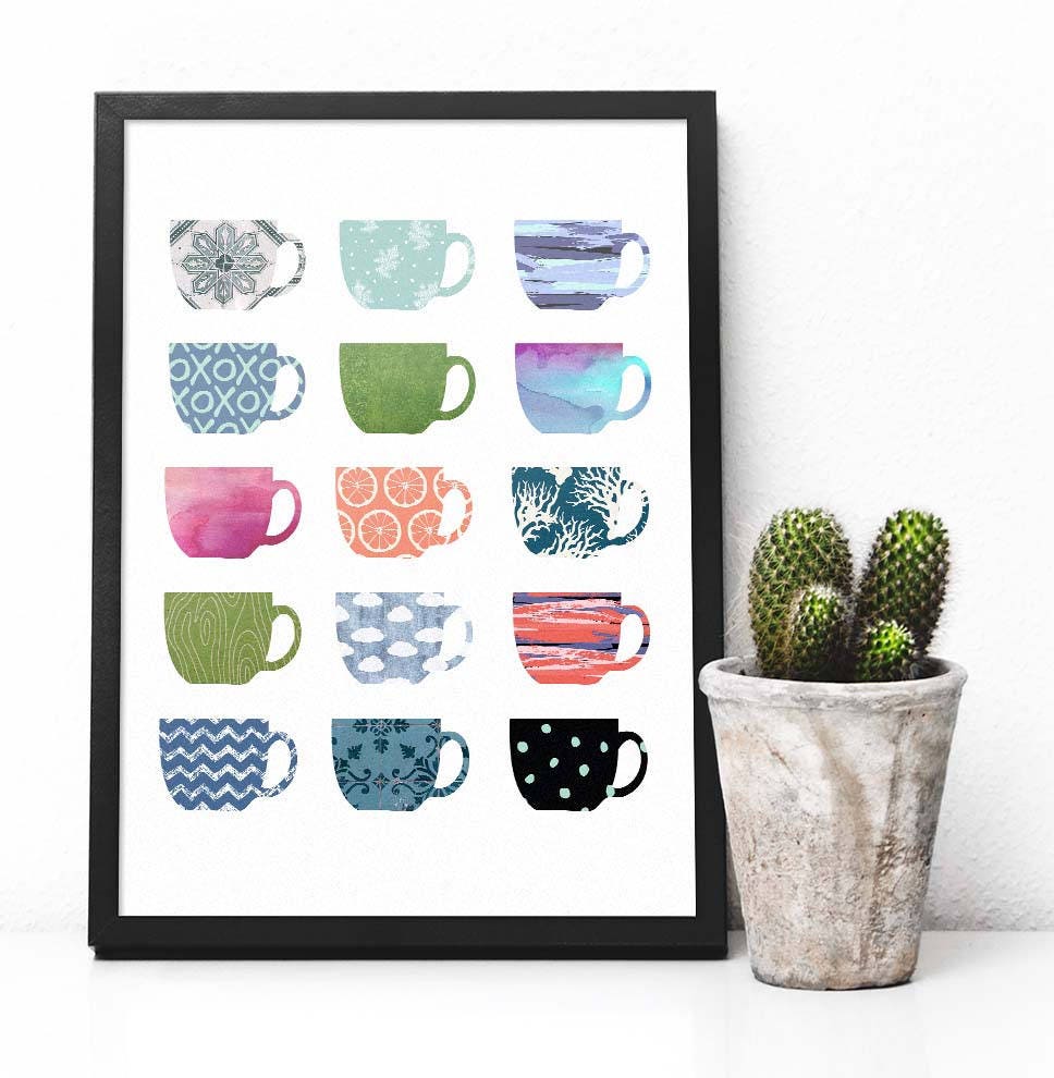 Watercolor Coffee Cups Art Printable Kitchen Decor | Etsy