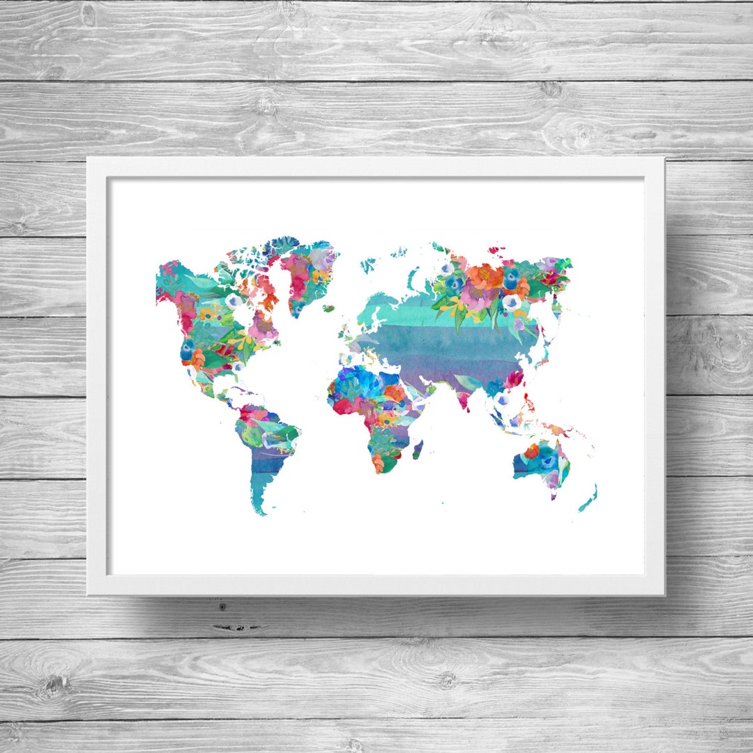World Map Printable Art Wanderlust Floral Watercolor World Map ...