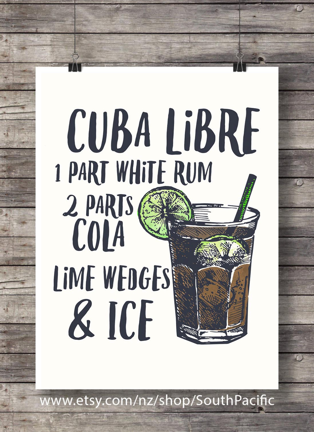 Cuba Libre Cocktail print Cocktail Illustration Bar Decor | Etsy