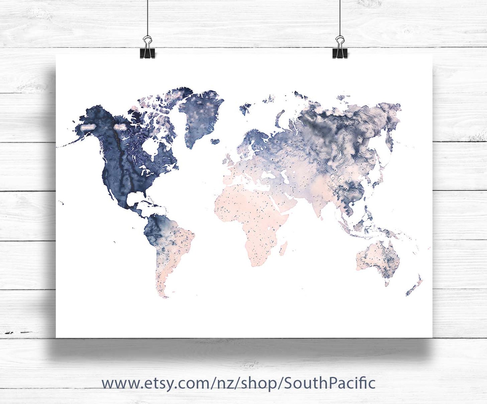Watercolor World Map Printable Art Blush and Navy Watercolor World Map ...