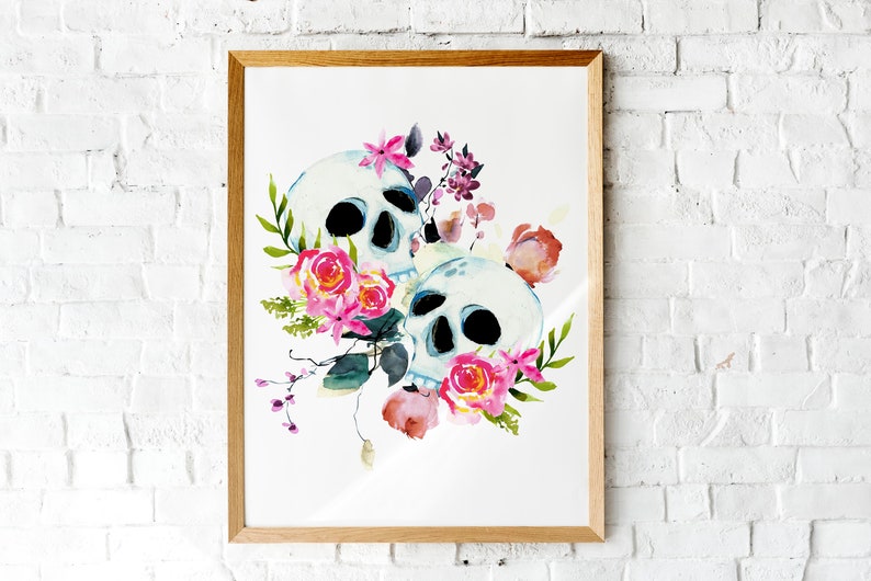 Watercolor Skull With Flowers | Subtle Halloween Art | Living Room Art ...