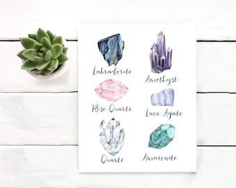 Gemstones Chart Watercolor Minerals Art Print Crystal | Etsy