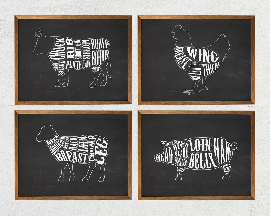 Chalkboard Butchery, Prints Set of Four: Chicken Pork Lamb Beef ...