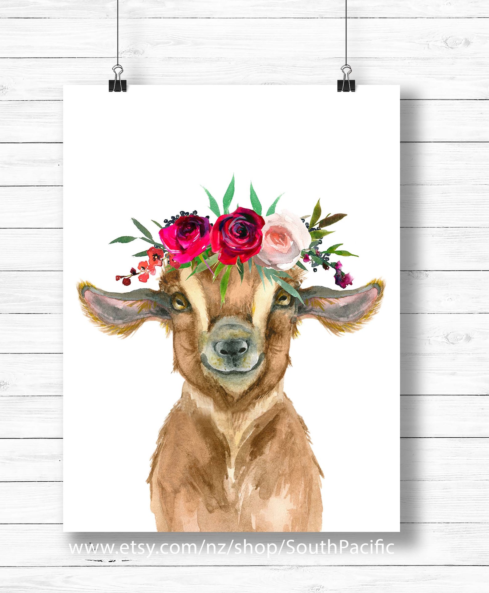 Watercolor Baby Goat With Flower Garland Crown Printable Art - Etsy