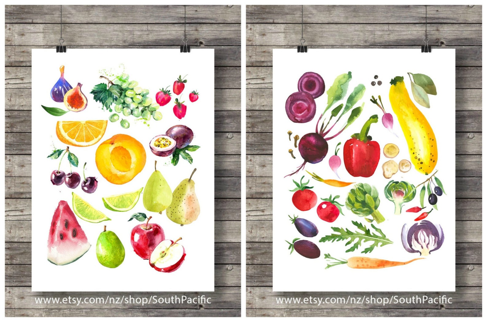 Kitchen Art Set of 2 Fruit Veggies Art Prints 8x10 - Etsy