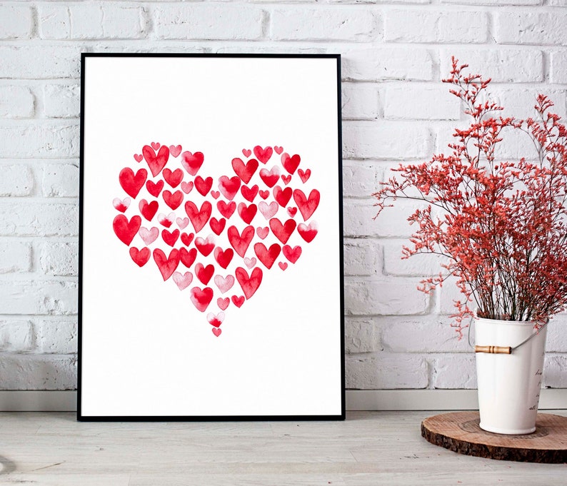 VALENTINE Watercolor Hearts Printable Art Red and Pink - Etsy