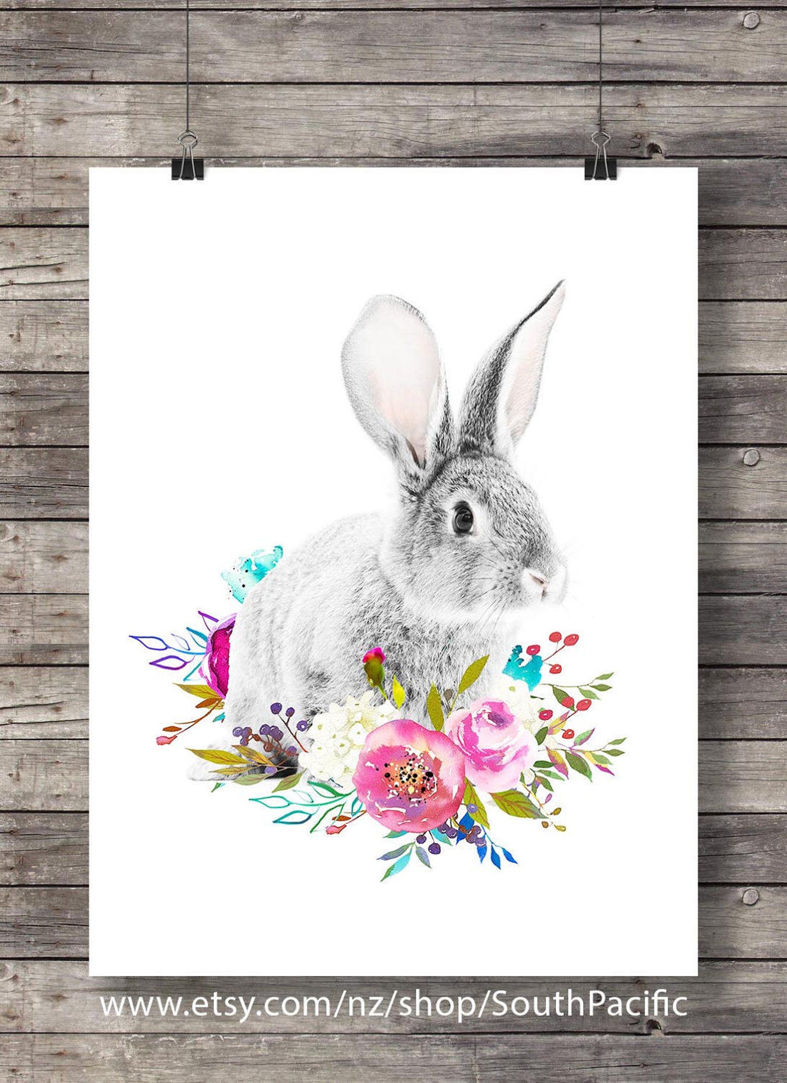 Rabbit Printable Art Watercolor Rabbit With Flower Garland - Etsy