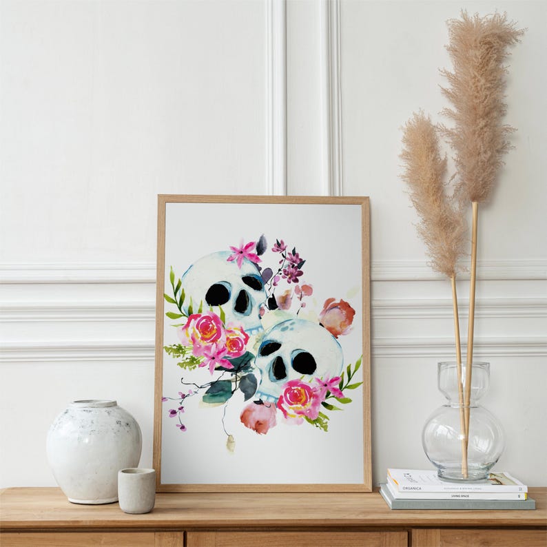 Watercolor Skull With Flowers | Subtle Halloween Art | Living Room Art ...