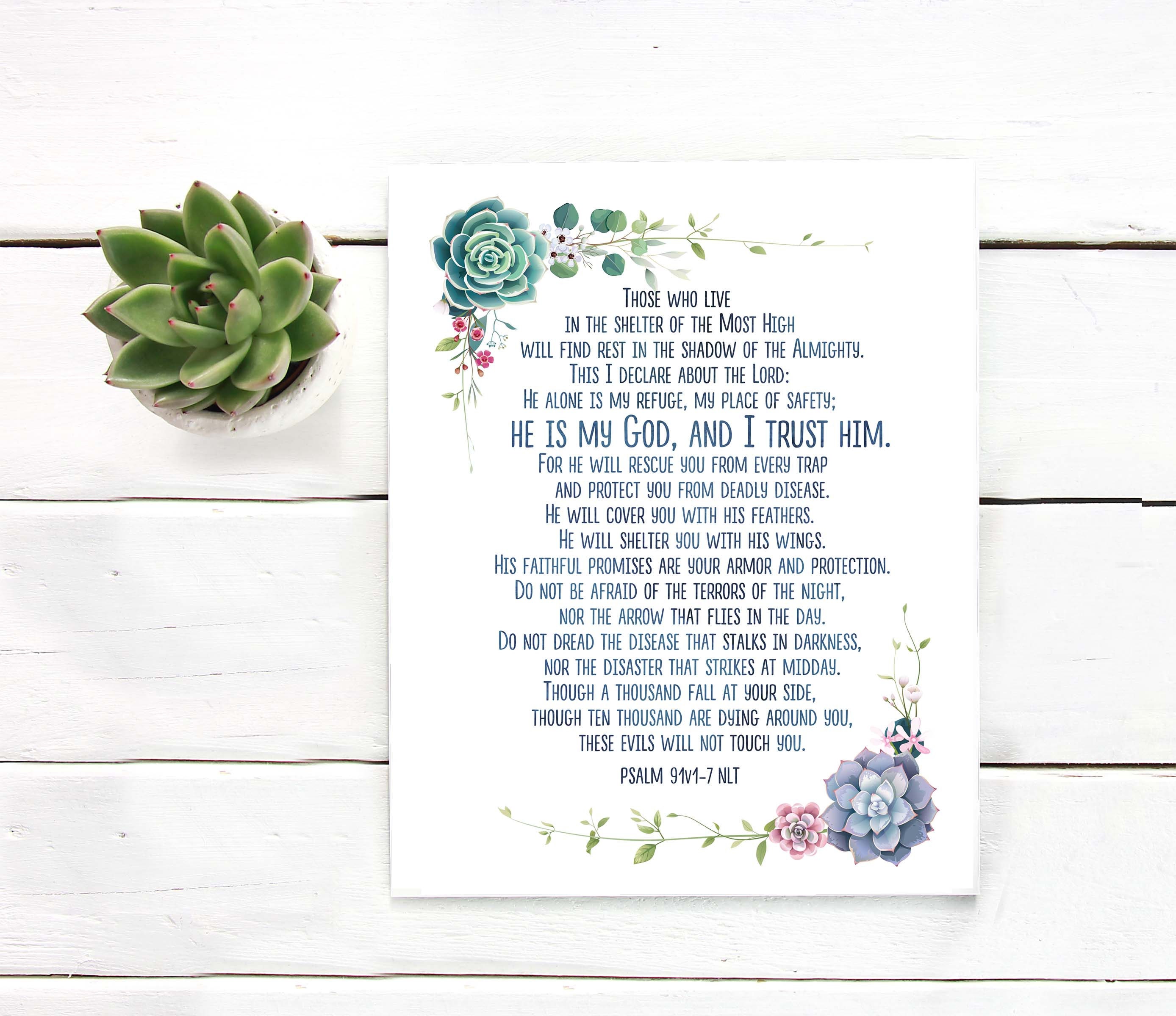 Psalm 91 Bible verse succulents border Watercolor Scripture | Etsy
