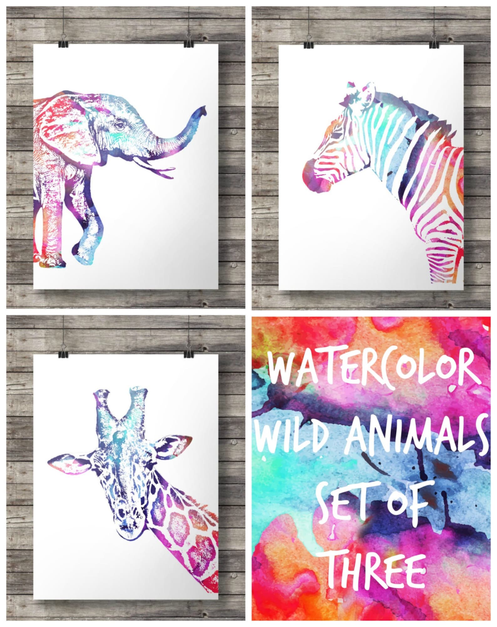 Watercolor Rainbow Animals Set of 3 Zebra Giraffe Elephant - Etsy