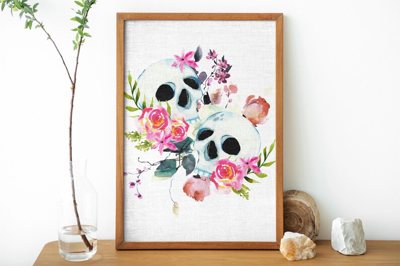 Watercolor Skull With Flowers | Subtle Halloween Art | Living Room Art ...