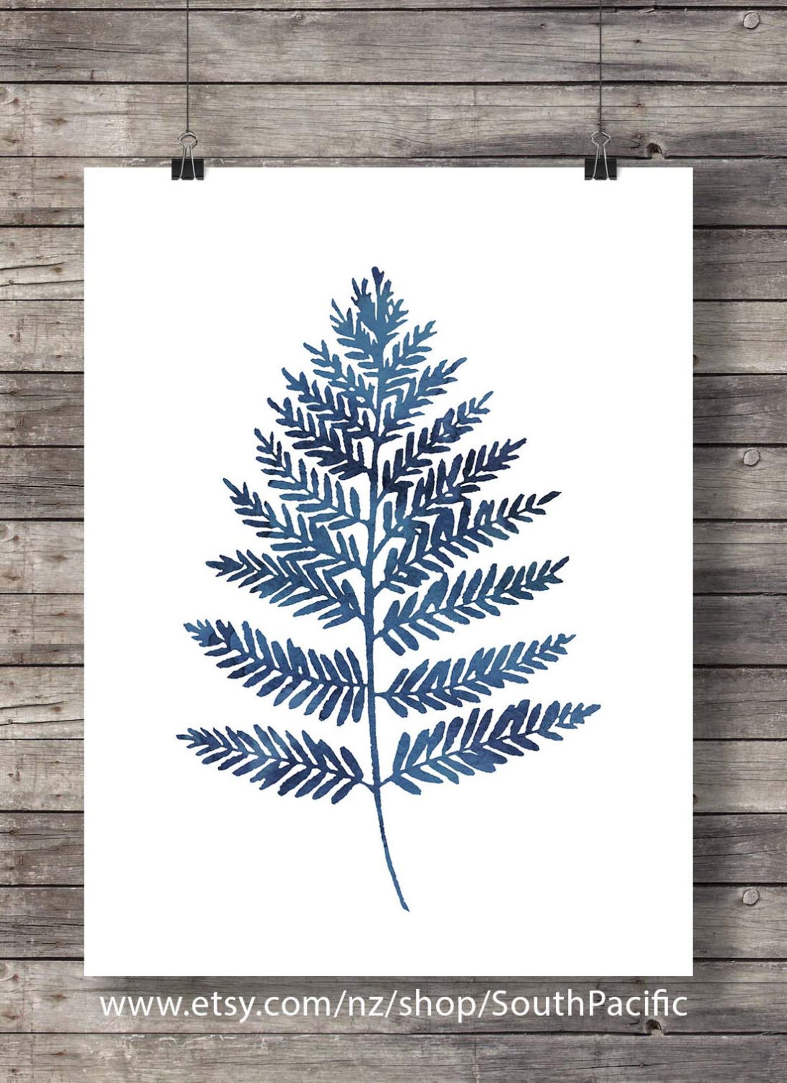 Ink Blue Fern Prints Printable Art Painting Indigo Fern Leaf | Etsy