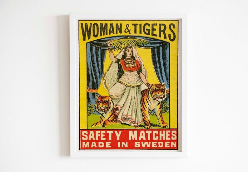 Vintage Indian Matchbox Art Print: Woman and Tigers (digital Download ...
