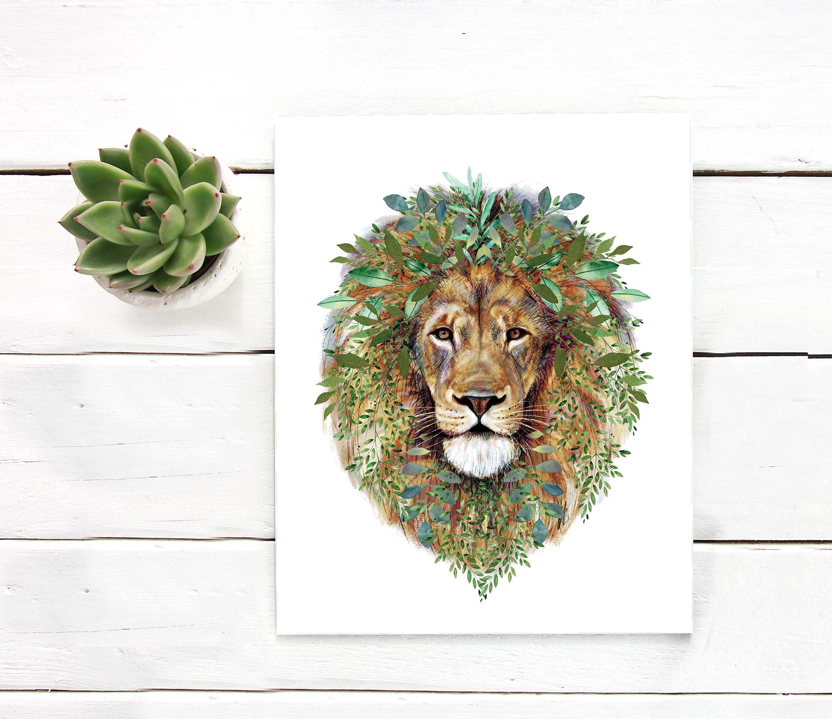 Lion art print watercolor leaves Printable art | Etsy