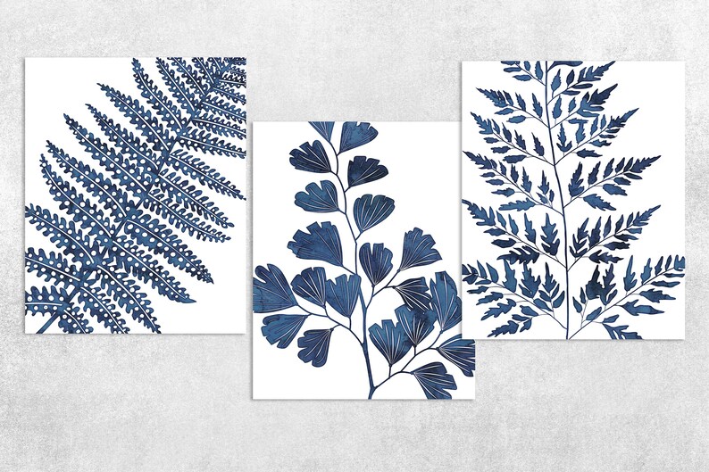 Ink Blue Fern Prints Printable Art Set of Three Indigo Fern - Etsy