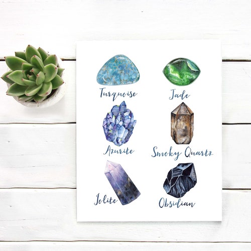 Gemstones Minerals Art Print Watercolor Crystals Painting Semi - Etsy