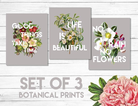 Botanical Lettering Prints Printable Art Set of 3 Typography | Etsy