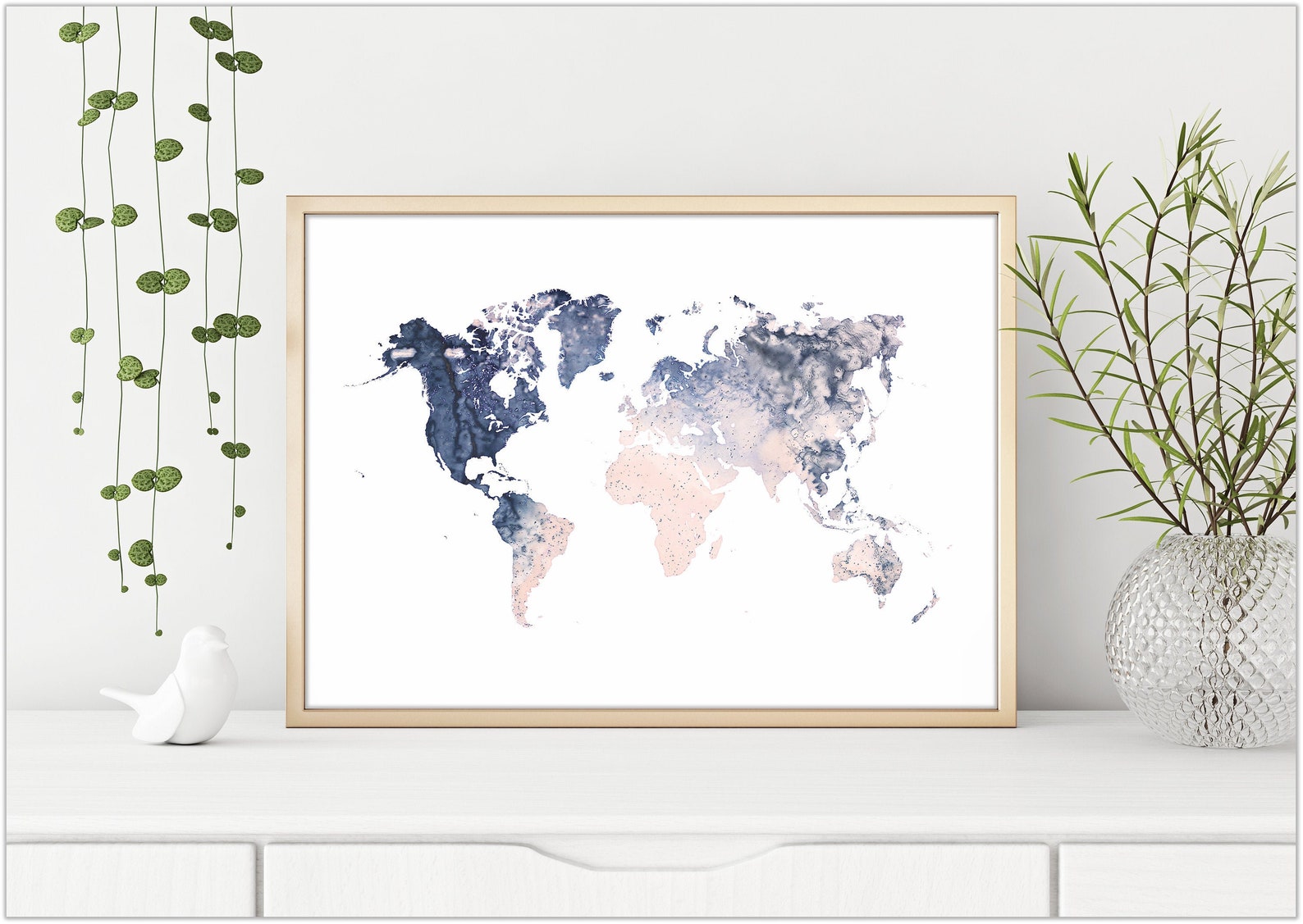 Watercolor World Map Printable Art Blush and Navy Watercolor World Map ...