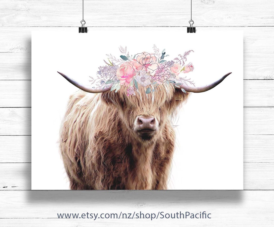 Highland Cow Art Print, Flower Crown, Printable Art, Sepia Cow Horns ...