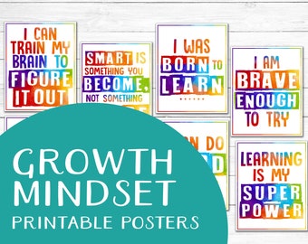 Set of 8 Growth mindset classroom PRINTABLE posters rainbow | Etsy