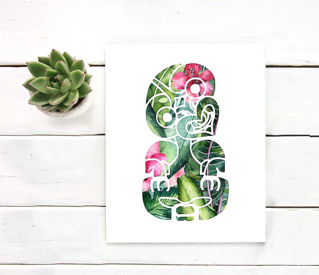 Tiki Watercolor Art |tropical Hibiscus Flower | New Zealand Maori Art ...