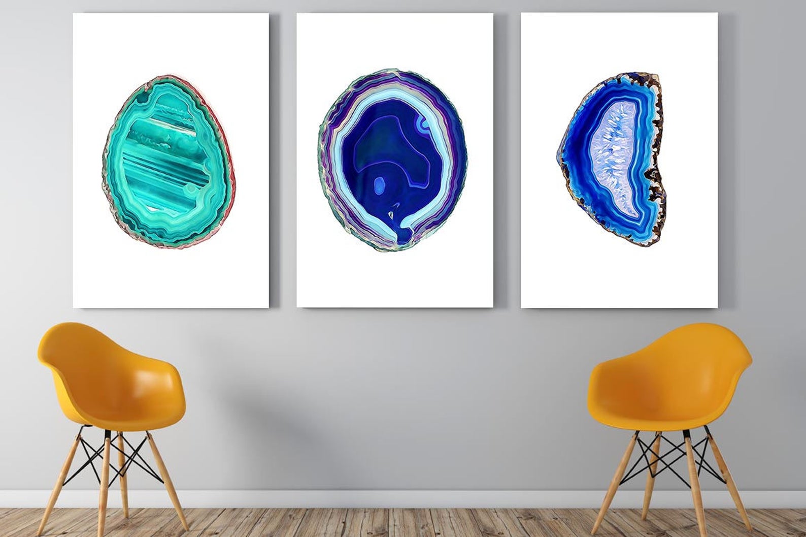 Agate Slices Art Prints Set of 3 Watercolor Crystals Art | Etsy