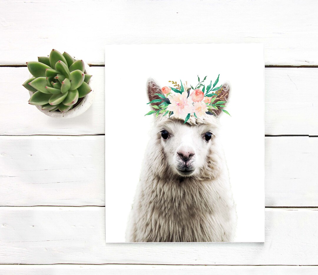 Alpaca Art Print Llama Printable Art Cute Alpaca Face Flower Crown ...
