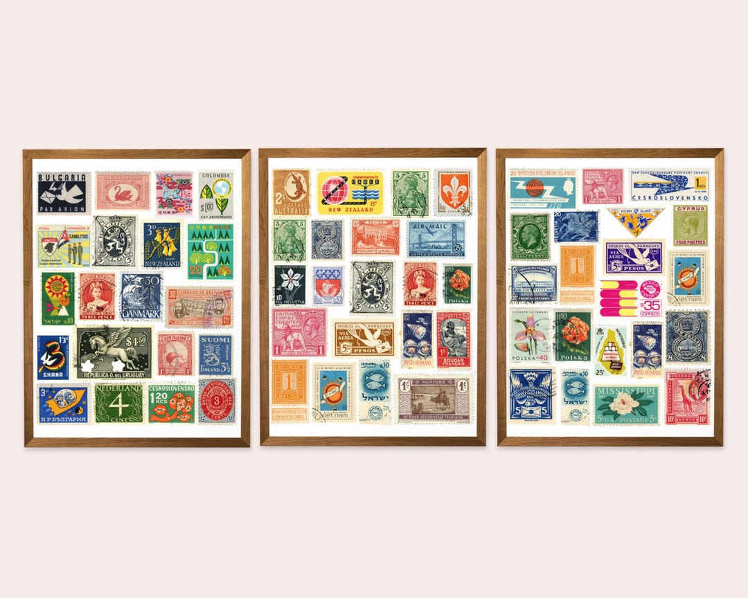 Vintage Stamps Collage | Set of Three Colourful Bohemian Vintage ...
