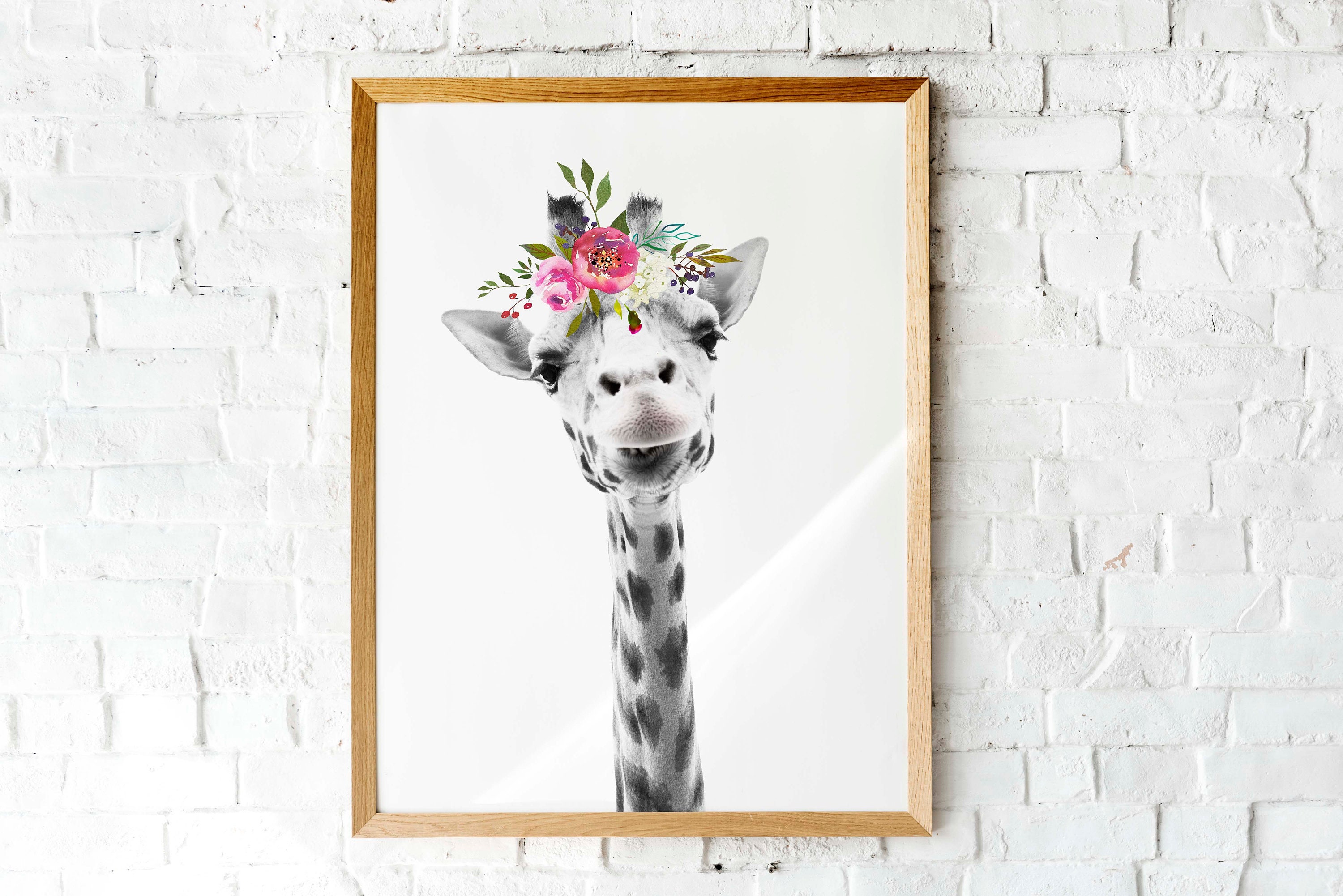 Giraffe art print Printable art Cute giraffe face Flower | Etsy