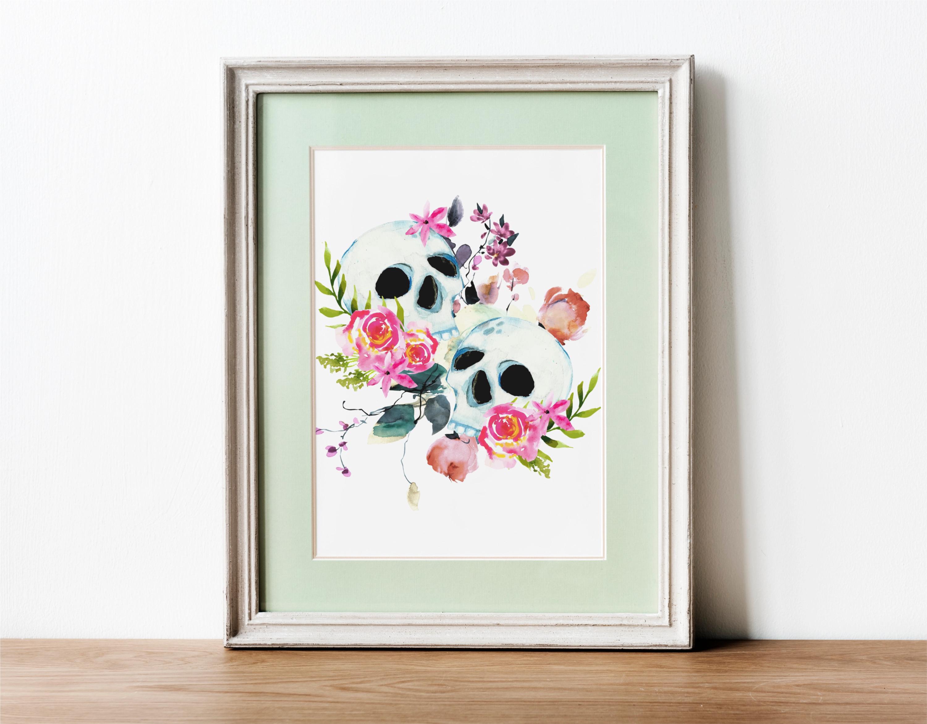 Watercolor Skull With Flowers | Subtle Halloween Art | Living Room Art ...