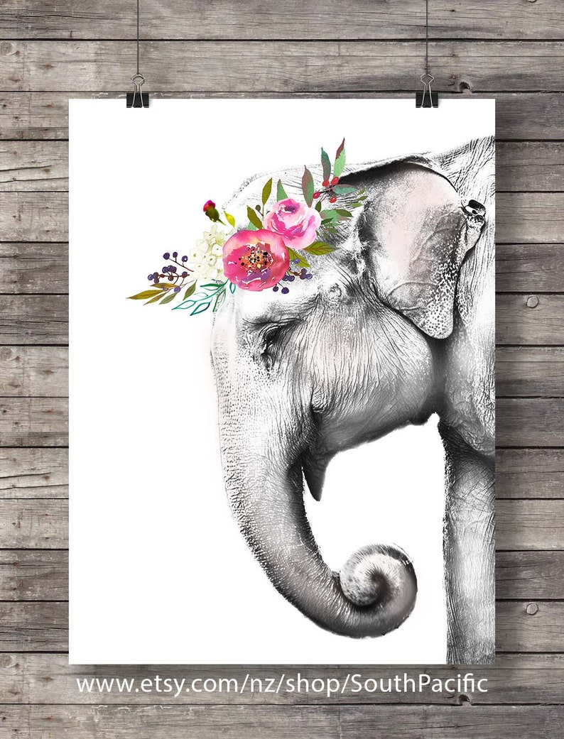 Elephant Watercolor Art Print Printable Art Cute Elephant Flower Crown ...