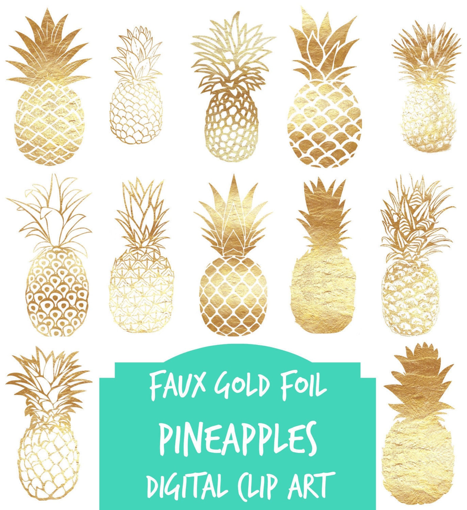 Gold Pineapples Digital Clip Art 12 Gold Foil Pineapples | Etsy