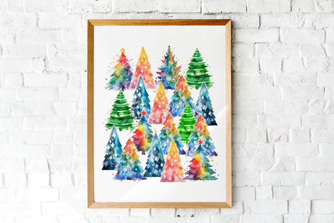 Christmas Printable Wall Art | Watercolor Rainbow Holiday Trees ...