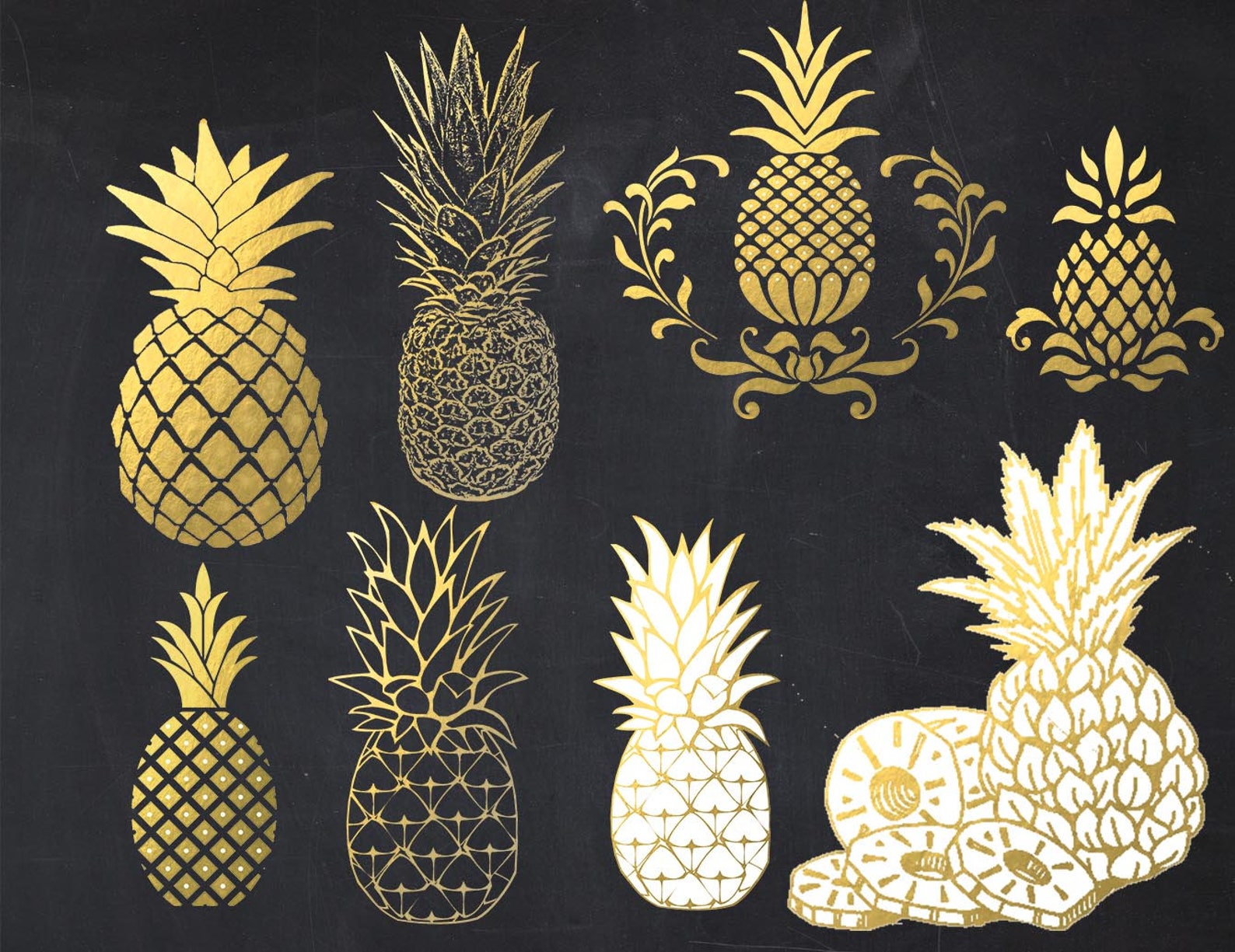 Pineapple Clip Art Digital Clip Art Gold Foil Watercolor | Etsy