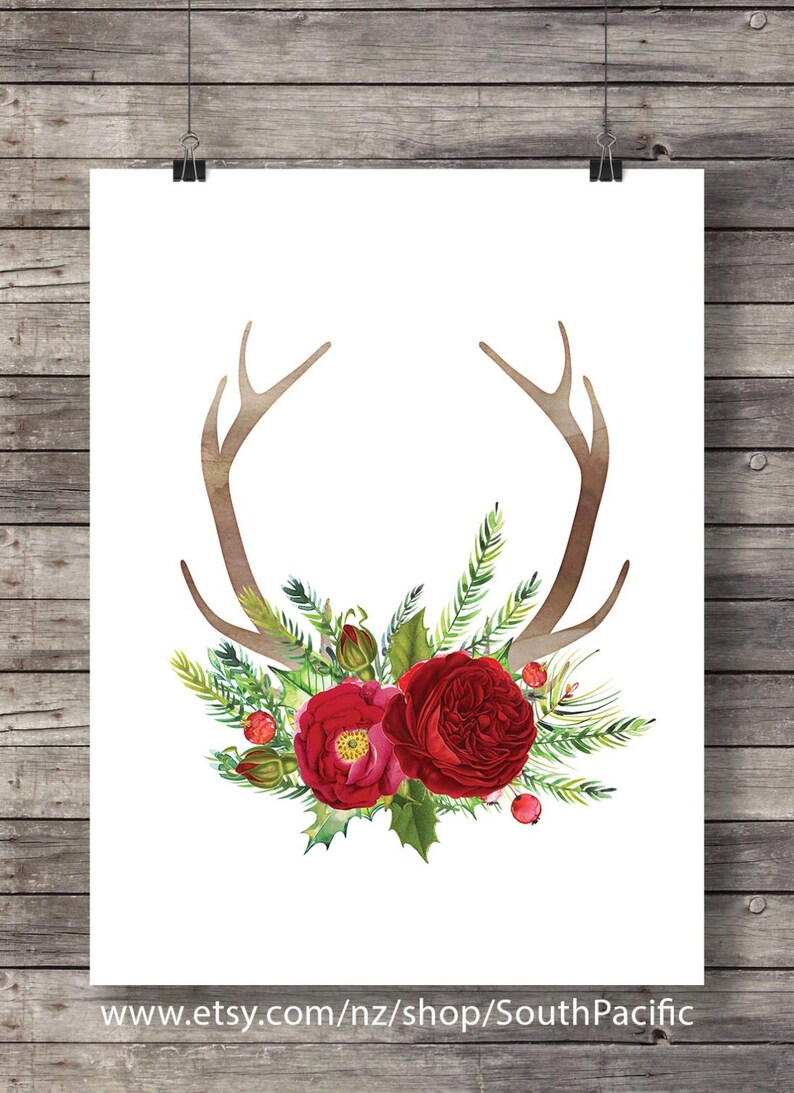 Printable Art Watercolor Antlers Christmas Holiday Red Roses - Etsy