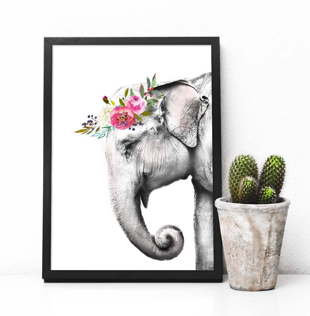 Elephant Watercolor Art Print Printable Art Cute Elephant Flower Crown ...