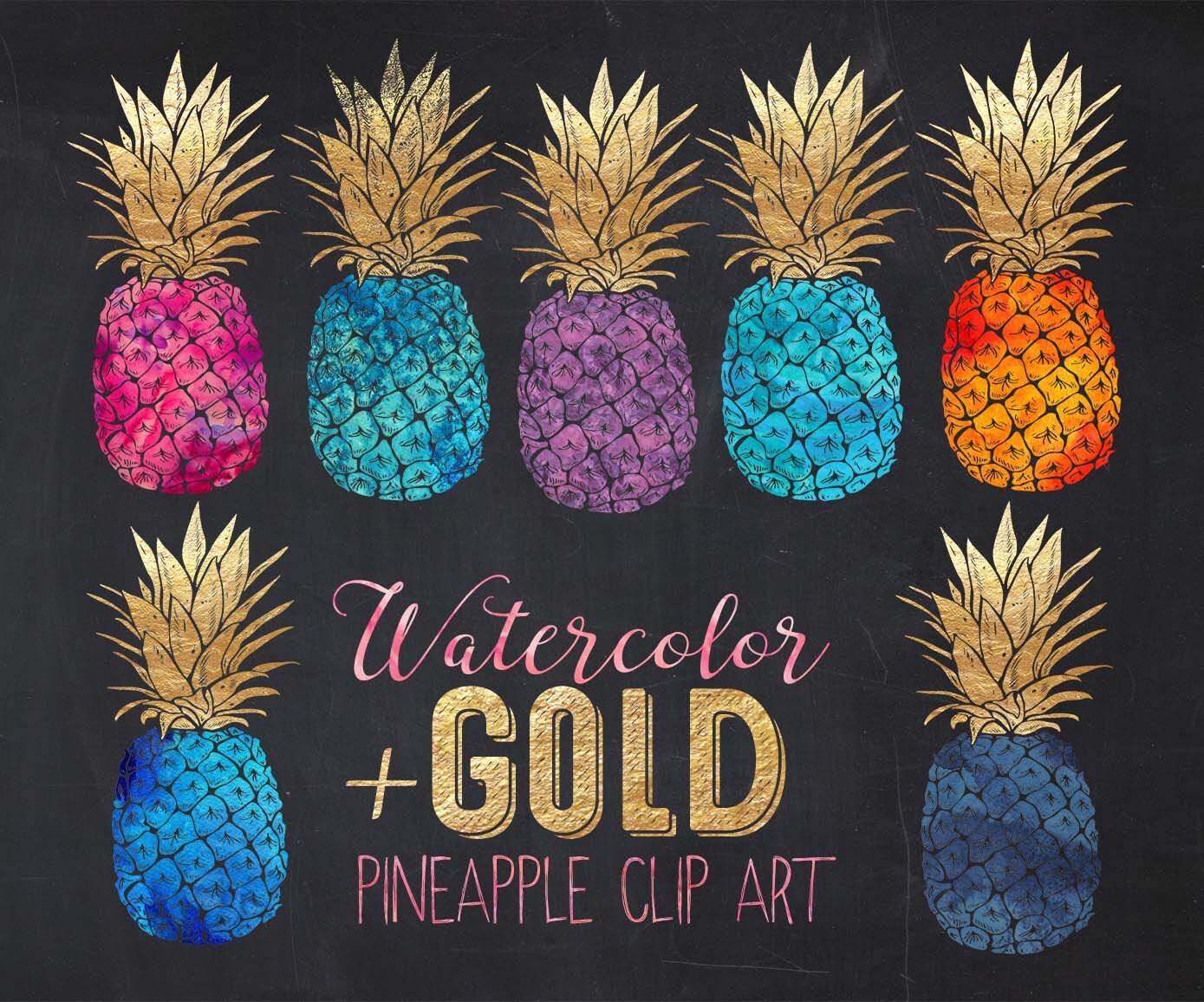 Pineapple Clip Art Gold Foil Watercolor Pineapples Multi | Etsy