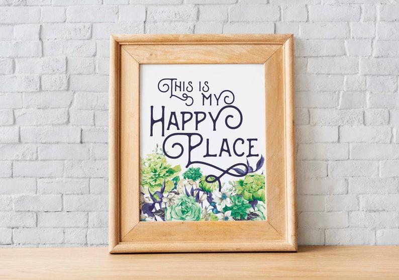 Happy Place Art Print Watercolor Flowers Wreath Green Purple | Etsy