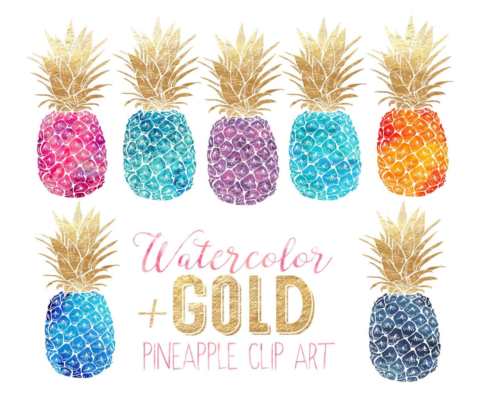 Pineapple Clip Art Gold Foil Watercolor Pineapples Multi | Etsy