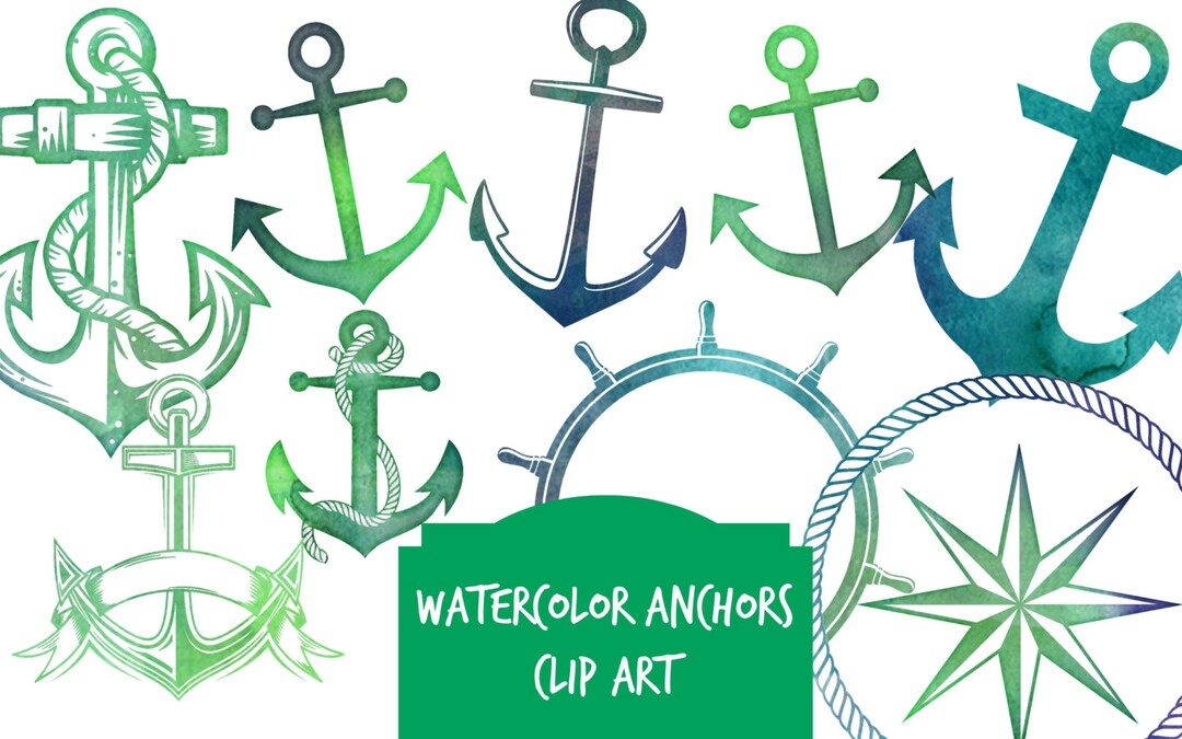 ANCHOR Clip Art Watercolor Green Blue Anchor Digital Clip Art Nautical ...